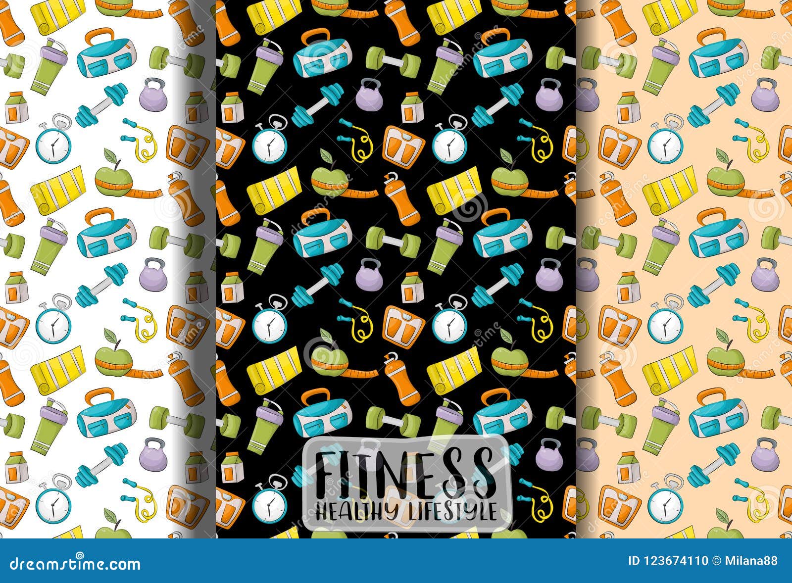 Fitness and Healthy Lifestyle. Seamless Pattern Set Stock Vector ...