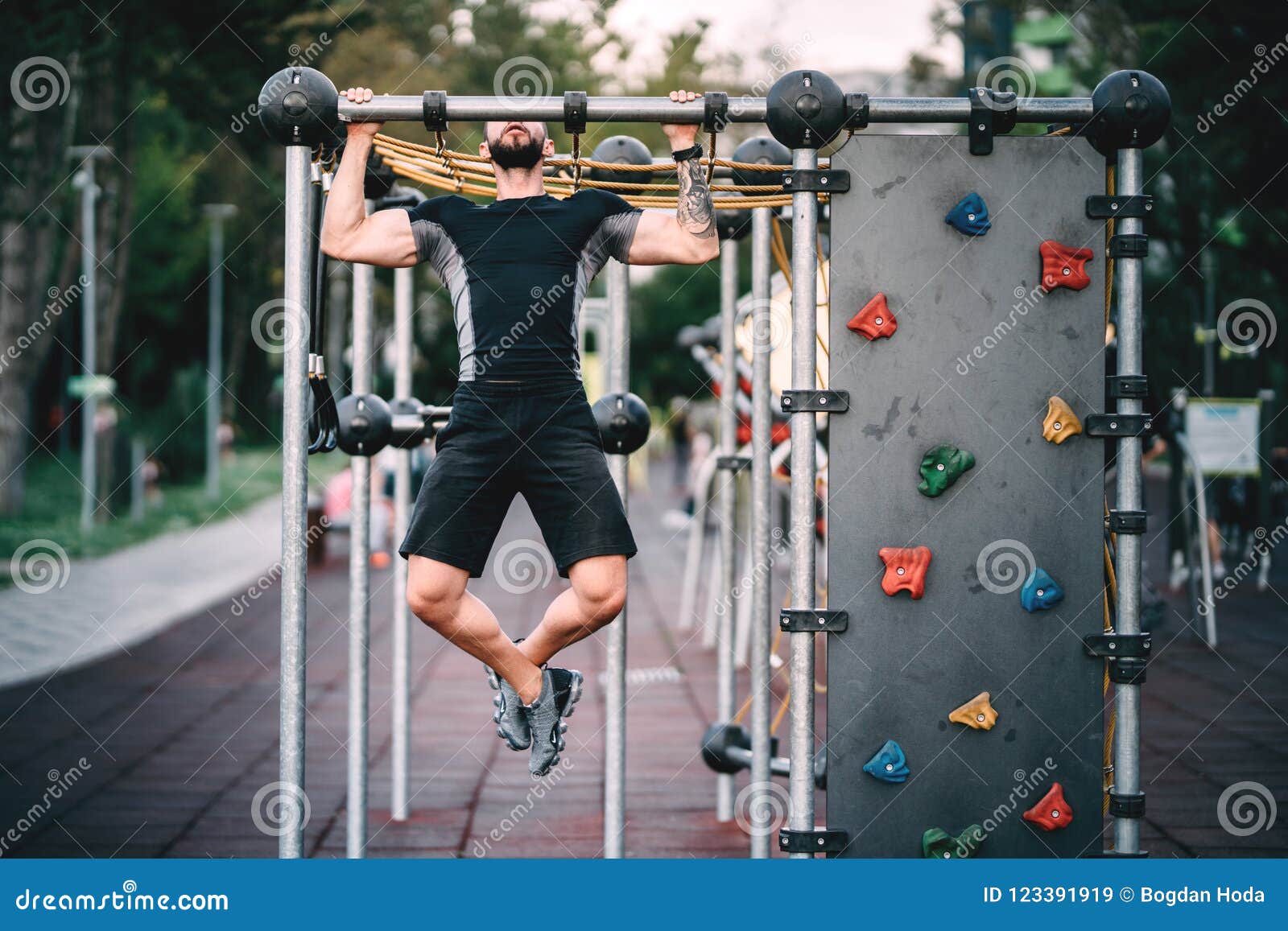 Fitness Man Doing Pull Ups and Exercises Stock Image - Image of chinups ...