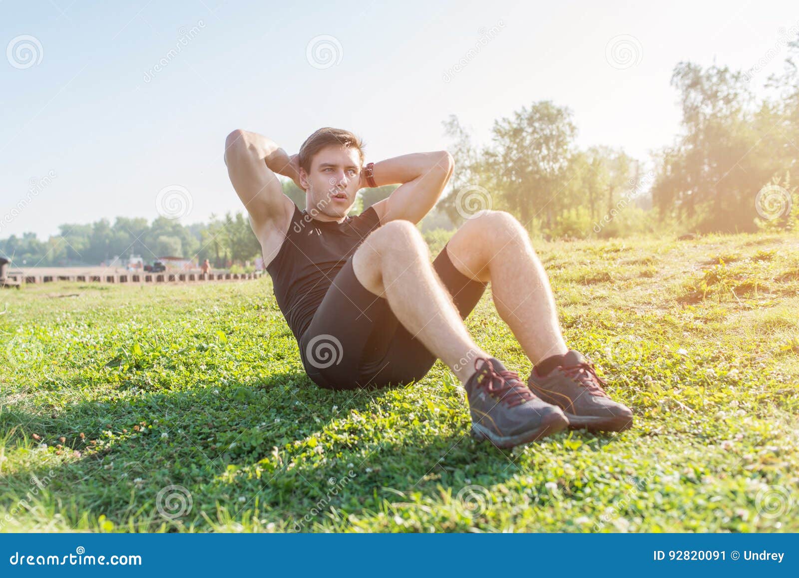 Fitness Man Doing Sit Ups and Crunches Exercising Abdominal Muscles ...