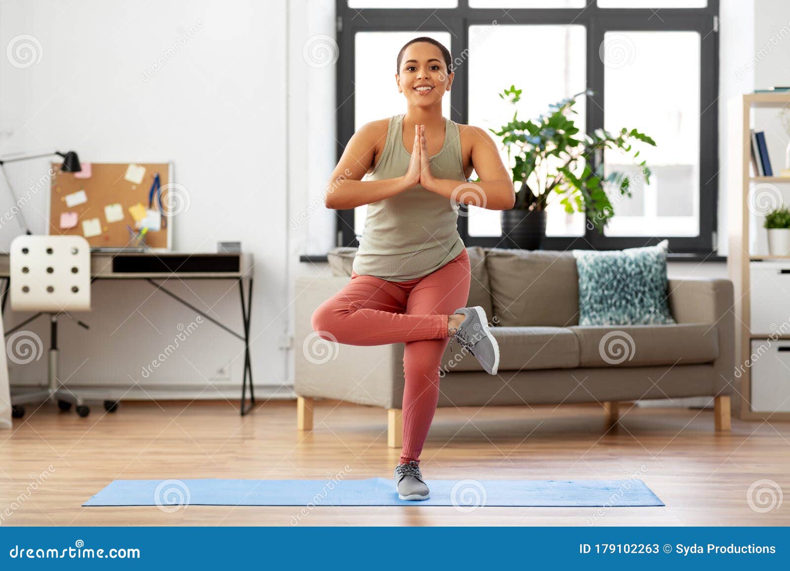 African American Woman Doing Yoga Pose At Home Stock Image Image Of