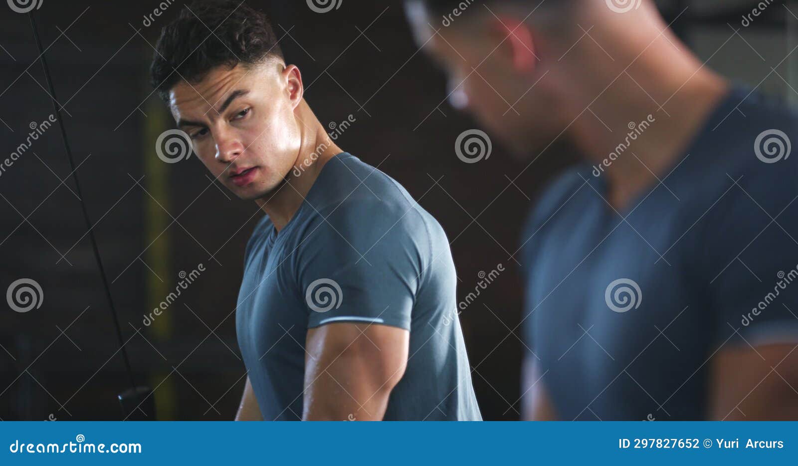 Fitness, Mirror and Man with Cable Machine at Gym for Bodybuilding ...