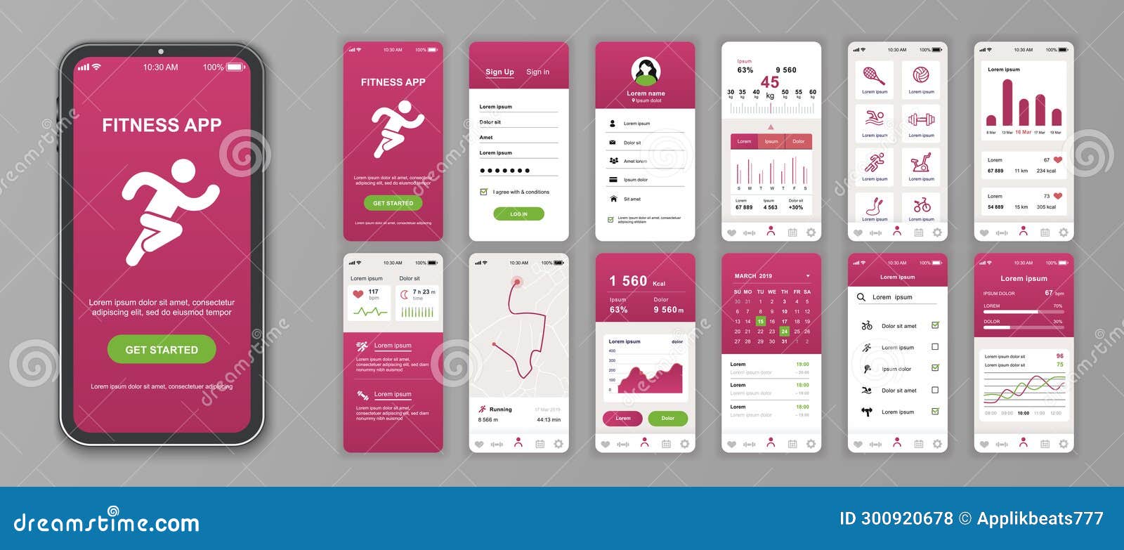 Fitness Mobile App Interface Screens Template Set. Online Account ...
