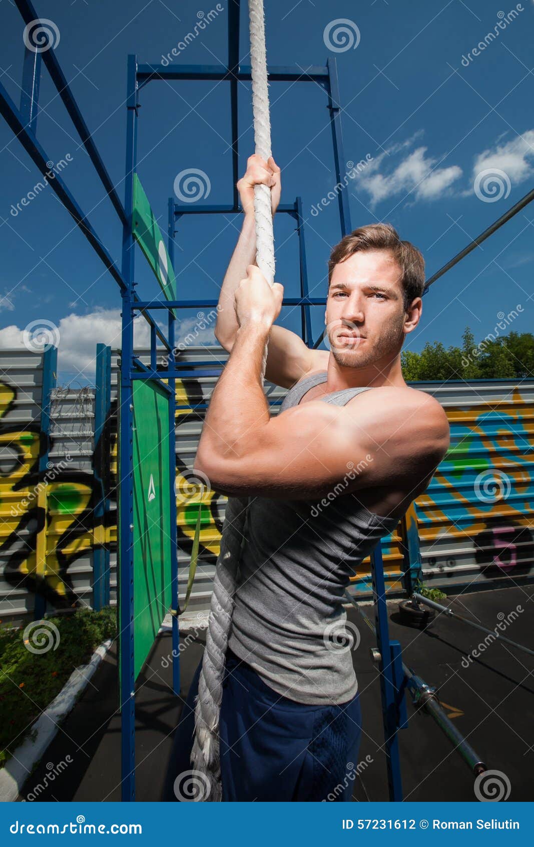 Fitness Rope Climb Exercise in Gym Workout Stock Photo - Image of ...