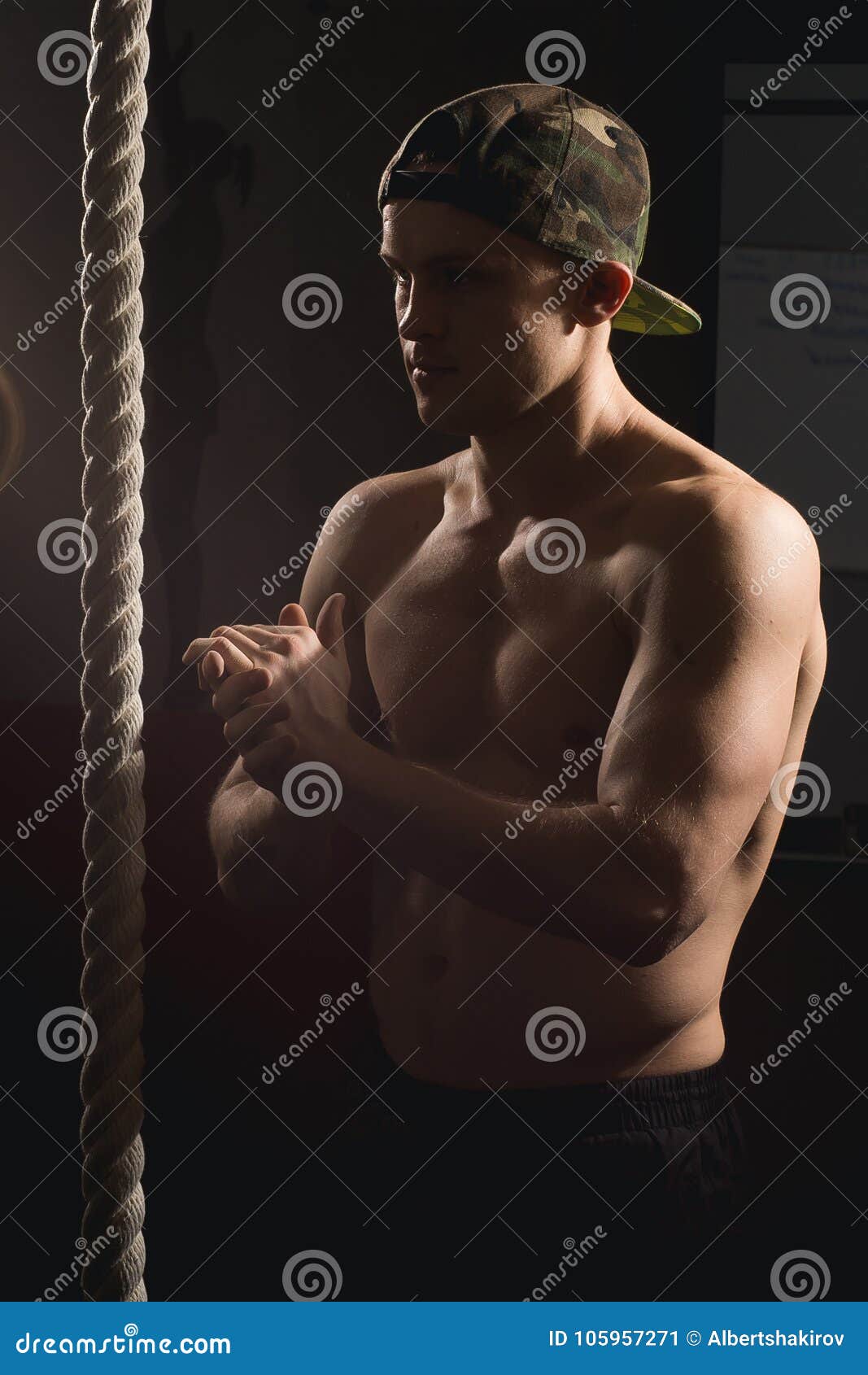 Man Doing Fitness Rope Climb Exercise in Fitness Gym Workout Stock ...