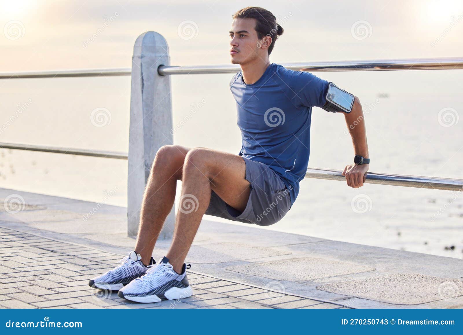 Fitness, Stretching and Man at a Beach for Training, Exercise and ...