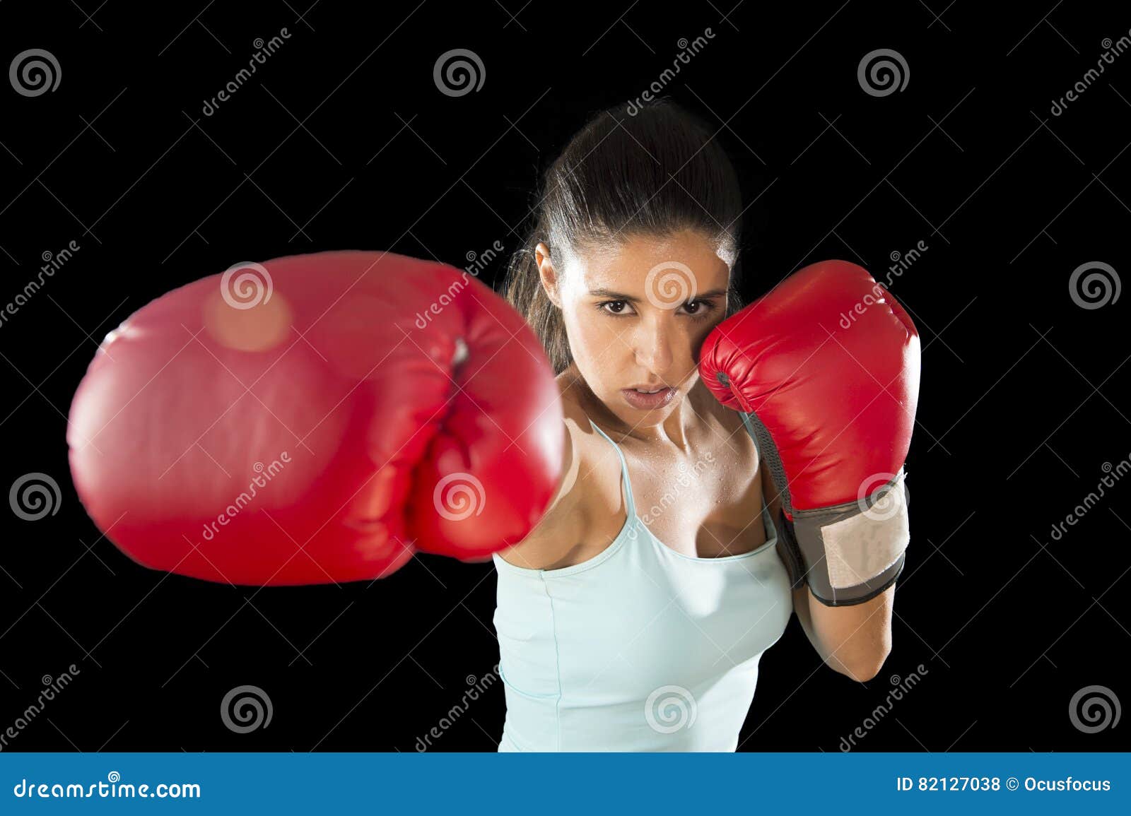 Fitness Woman With Girl Red Boxing Gloves Posing In Defiant And