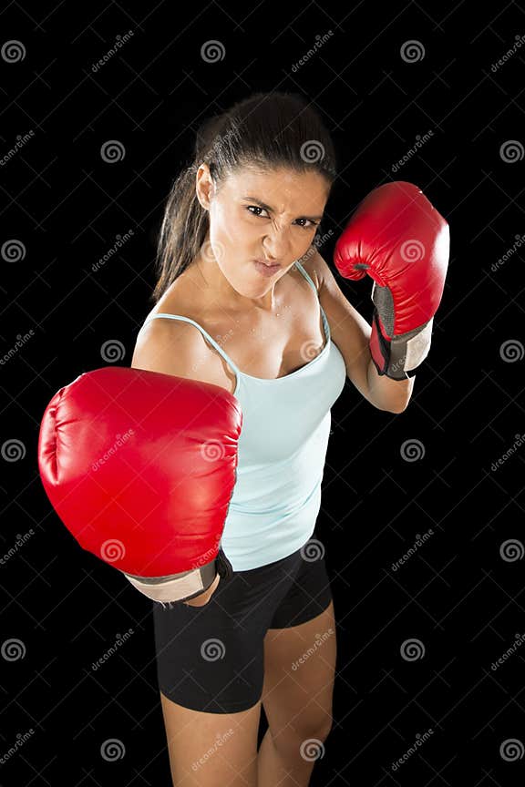 Fitness Woman With Girl Red Boxing Gloves Posing In Defiant And