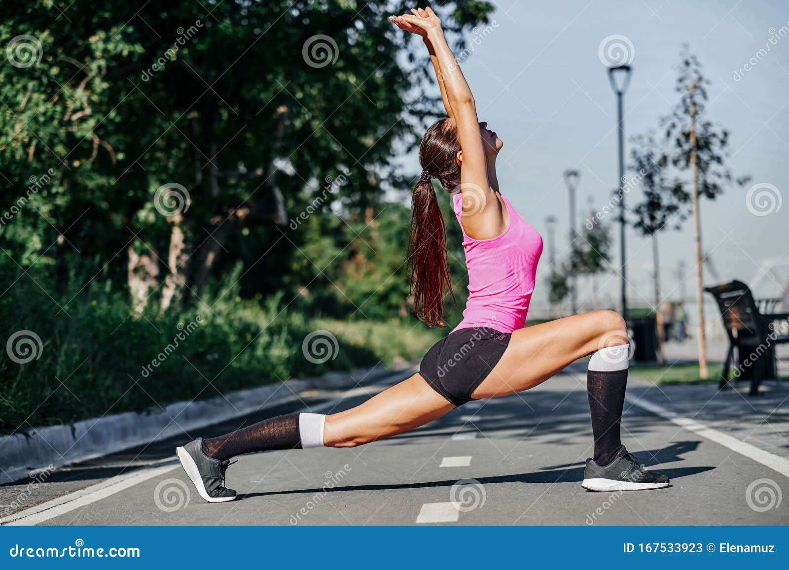 Fitness Young Woman Stretching Legs After Run Outdoors Sport Portrait