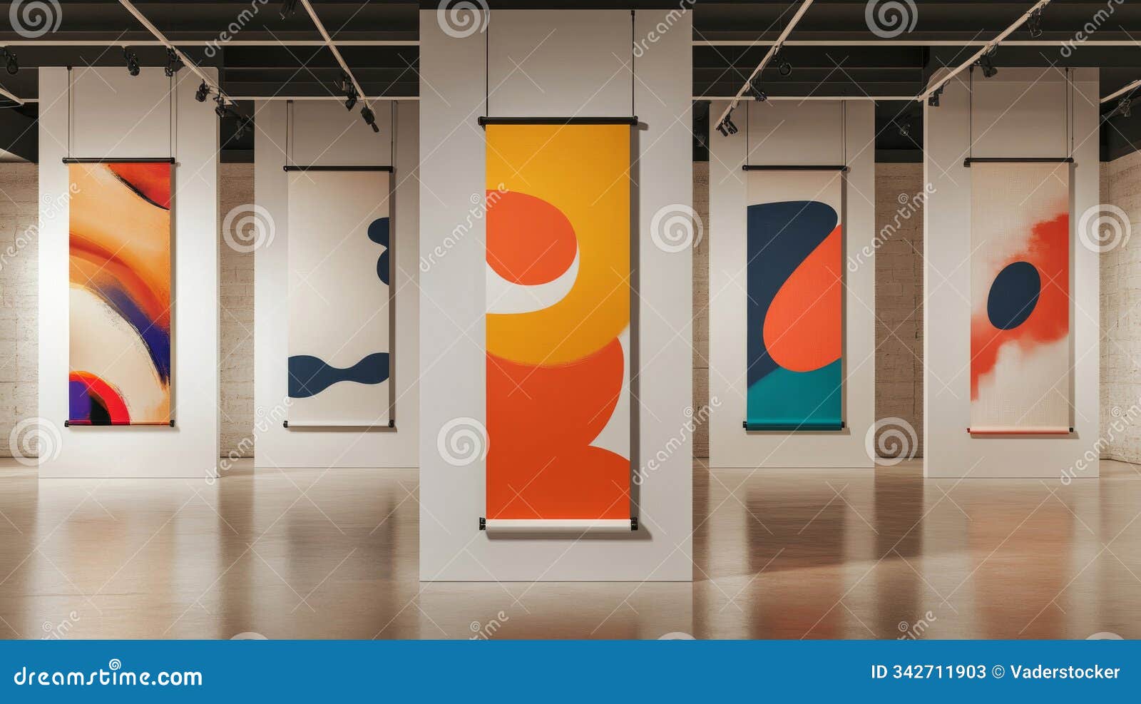 Five Abstract Paintings Hanging in a Gallery Stock Illustration ...