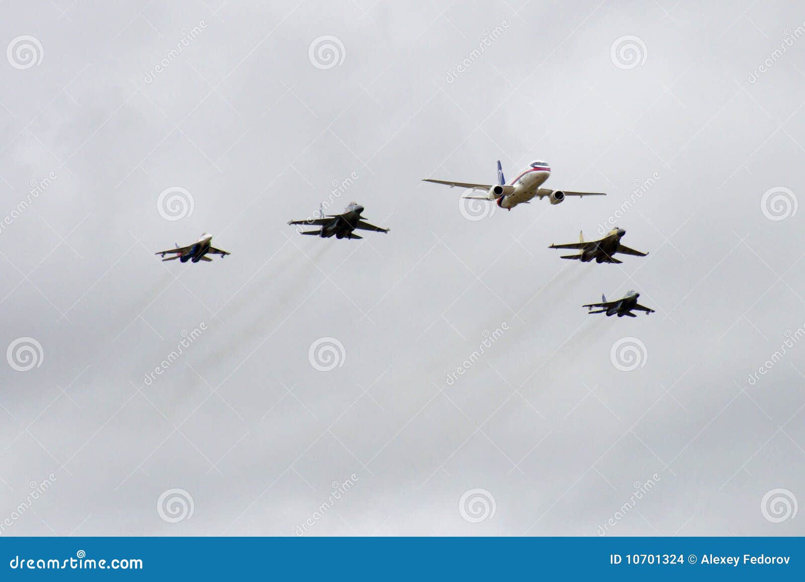 Five airplane on fly-past stock photo. Image of fast - 10701324