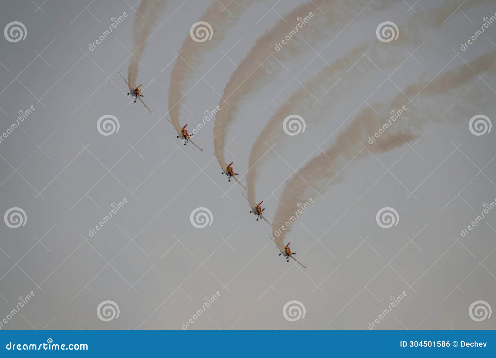 Five Airplanes in Formation on Airshow. Aerobatic Team Performs Flight ...