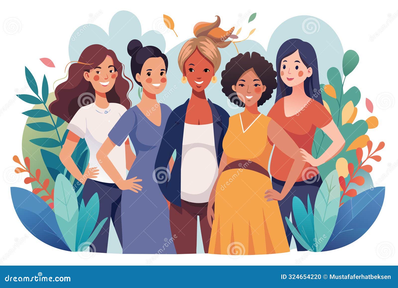 Five Animated Women Smiling and Standing Close in a Friendly Group ...