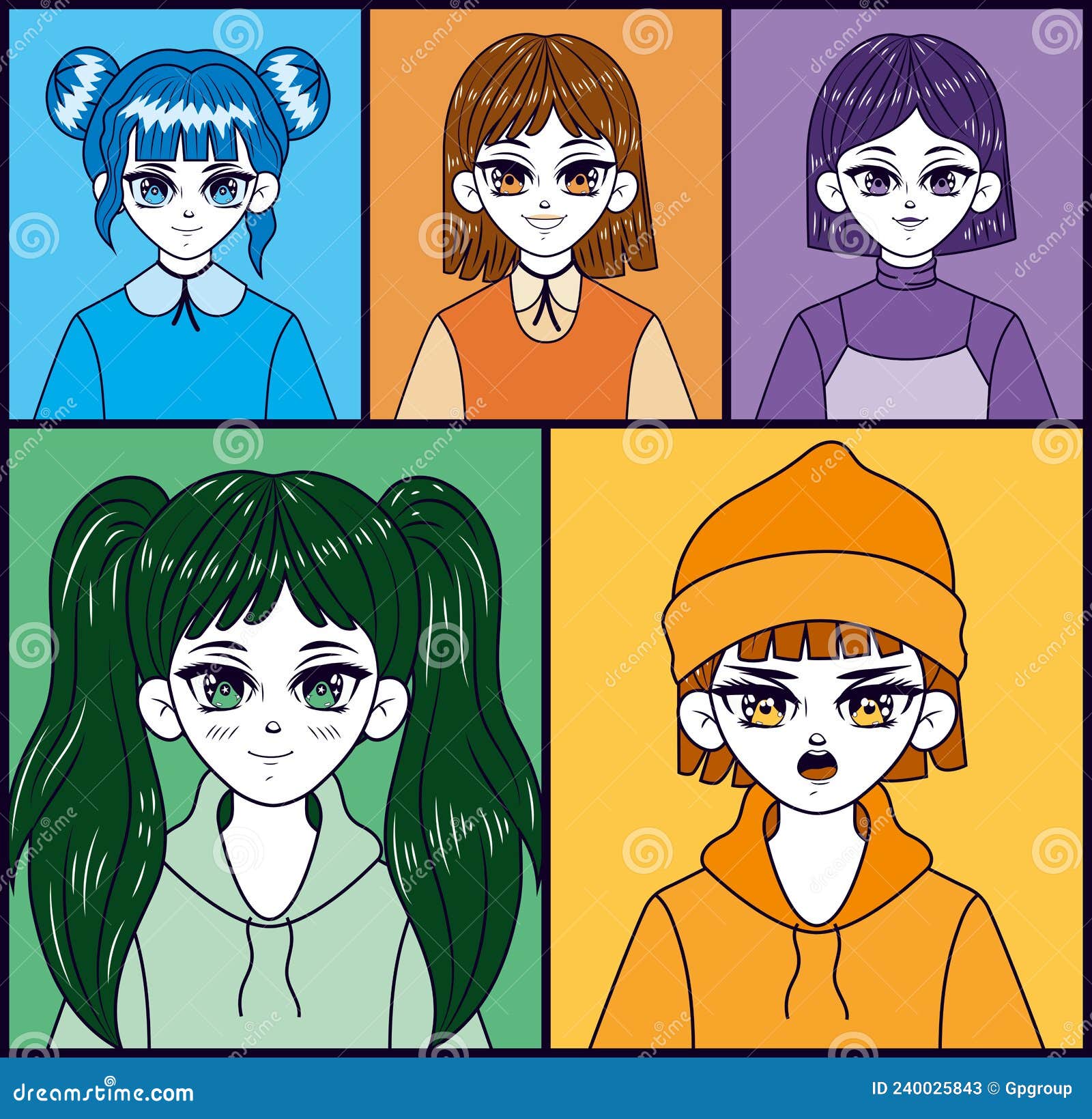 Five anime frames stock vector. Illustration of woman - 240025843