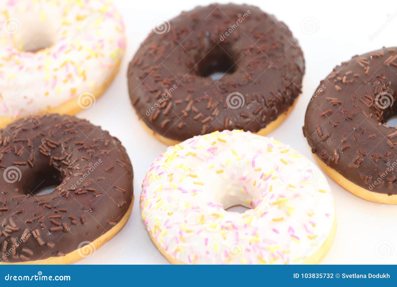 Five Appetizing Sweet White and Chocolate Donuts Stock Photo - Image of ...