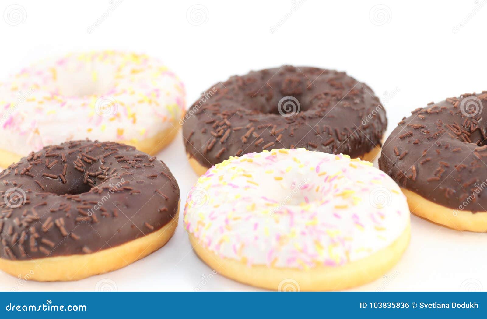 Five Appetizing White and Chocolate Donuts Stock Photo - Image of donut ...