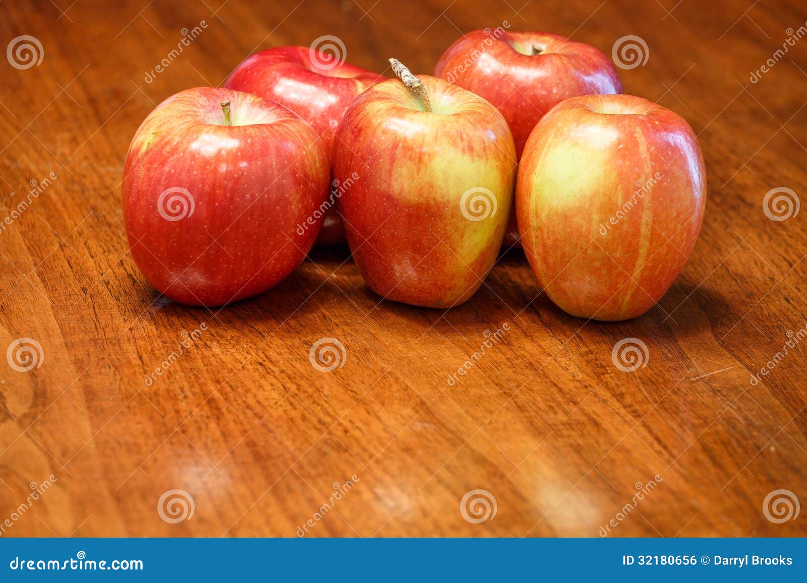 Five Apples on Wood Table with Space in Front Stock Photo - Image of ...