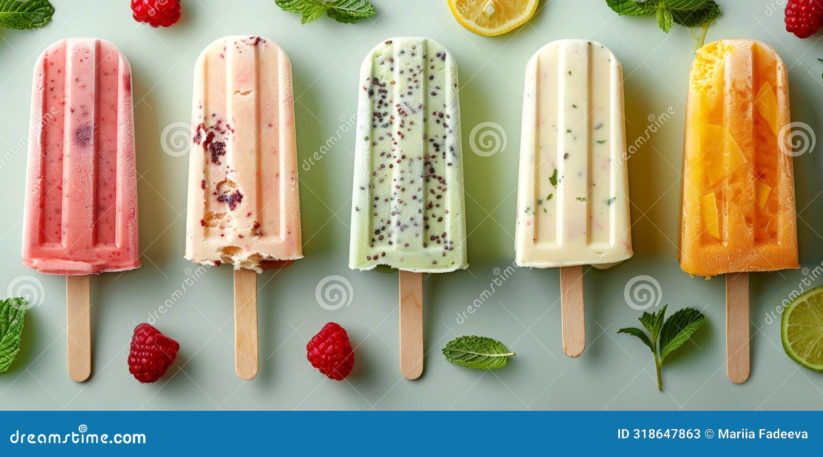Five Assorted Popsicles with Fresh Fruits and Mint Leaves on a Light ...