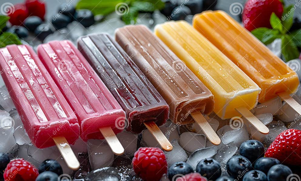 Five Assorted Popsicles are Lined Up on Bed of Ice with Fresh Berries ...