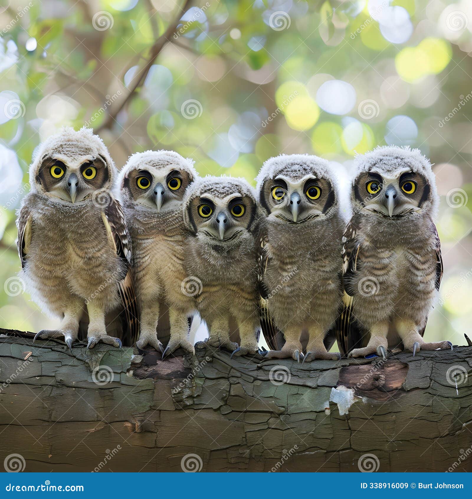 Five Baby Owls Standing on a Branch Stock Illustration - Illustration of owlet, five: 338916009