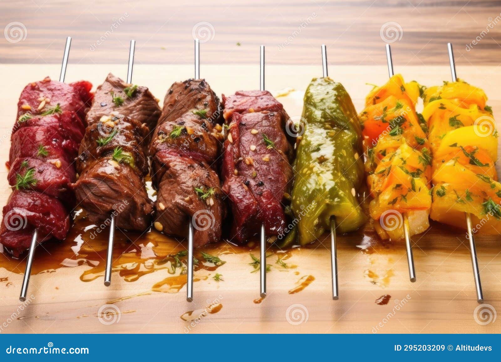 Five Beef Skewers Lined Up with Different Marinades Stock Image - Image ...