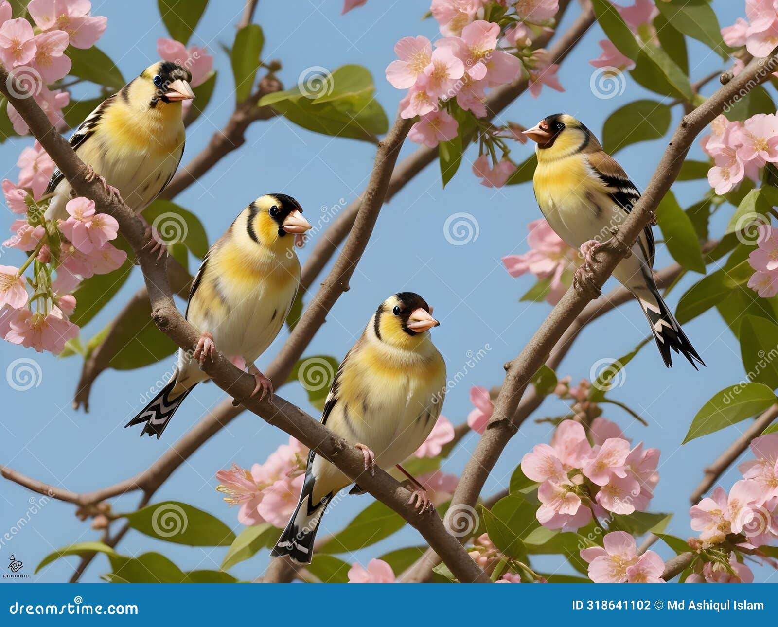 Five Birds are Sitting on a Branch with Pink Flowers Stock Illustration ...