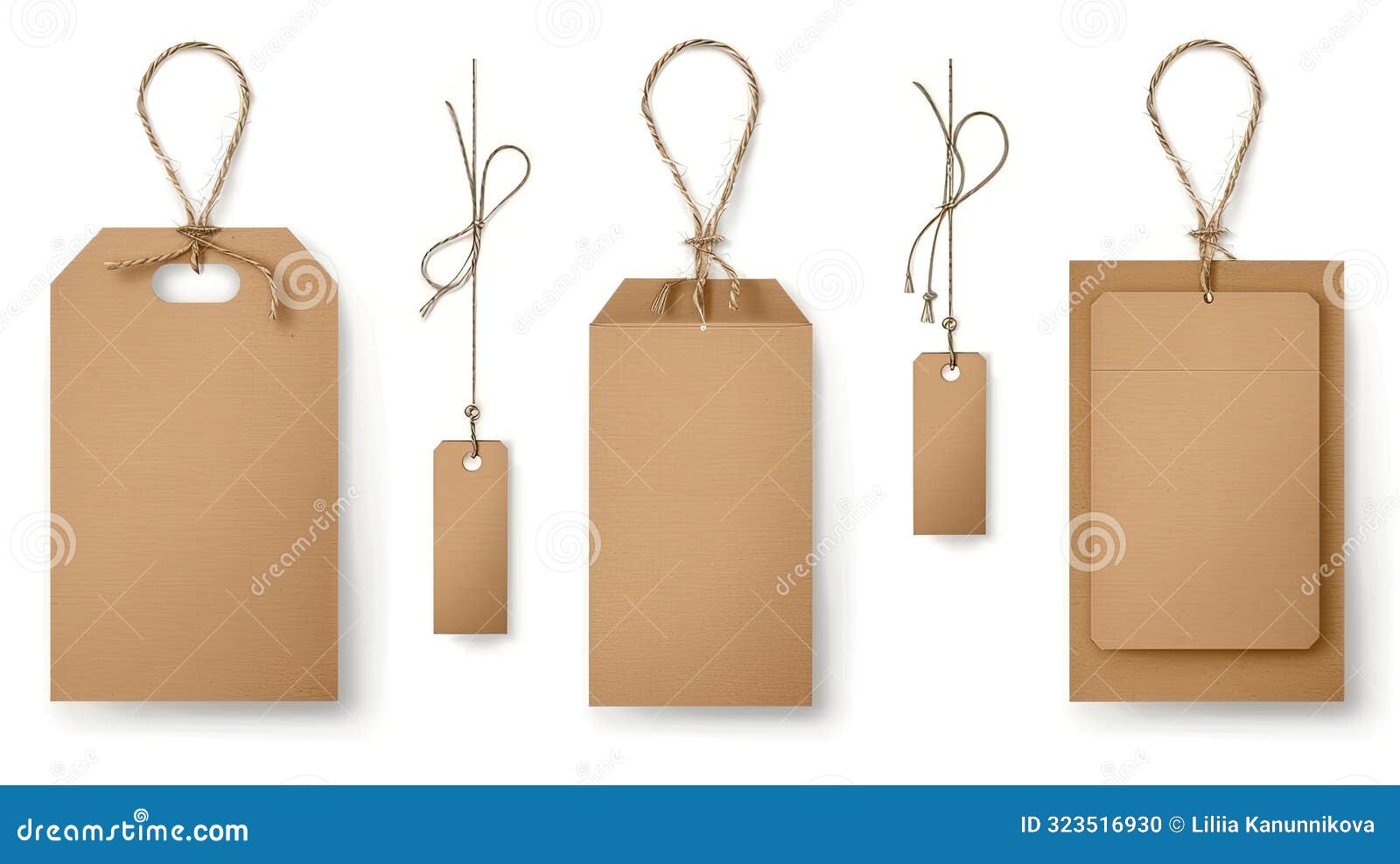 Five Blank Brown Paper Tags with String, Isolated on a White Background ...