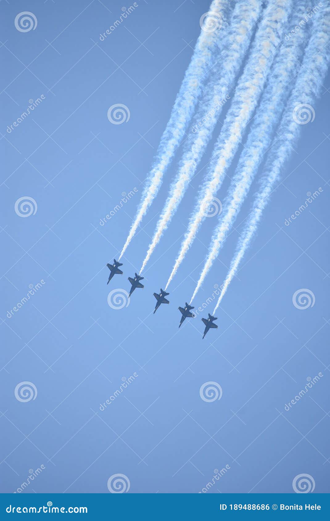 Five Blue Angels Flying Downward in Sync Stock Photo - Image of ...