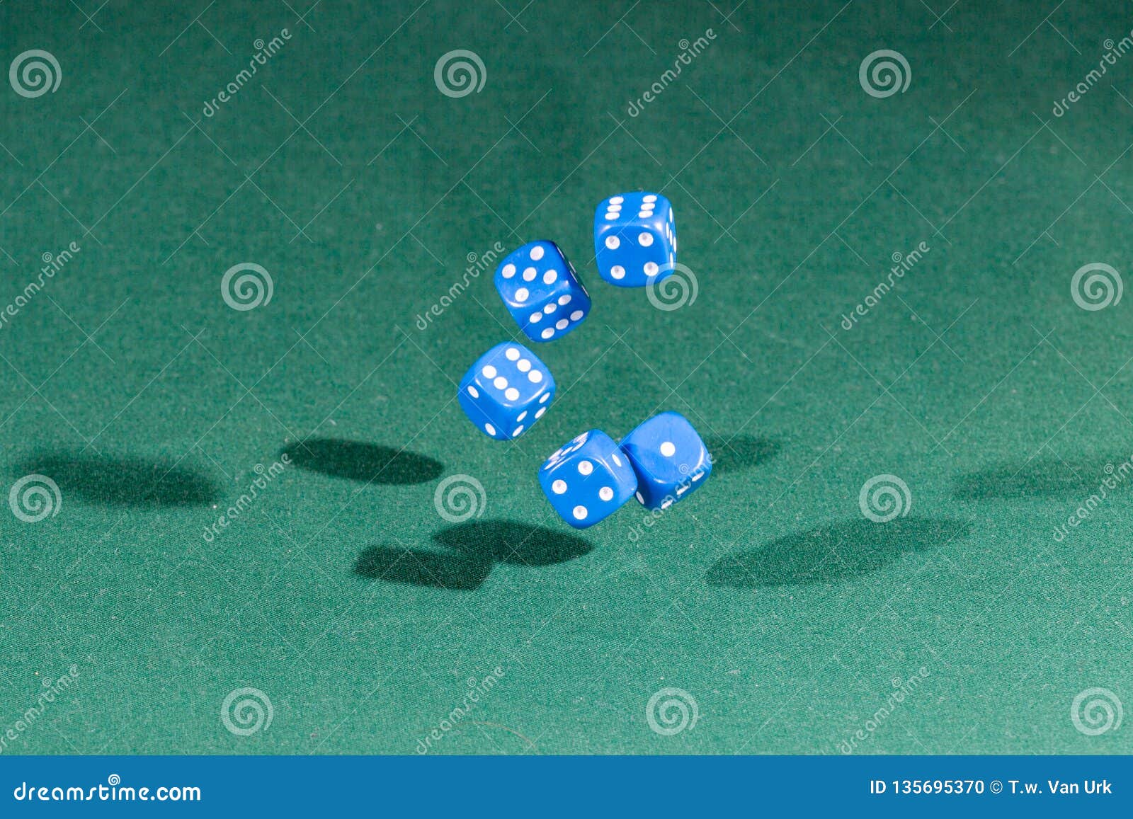 Five Blue Dices Falling on a Green Table Stock Photo - Image of motion ...
