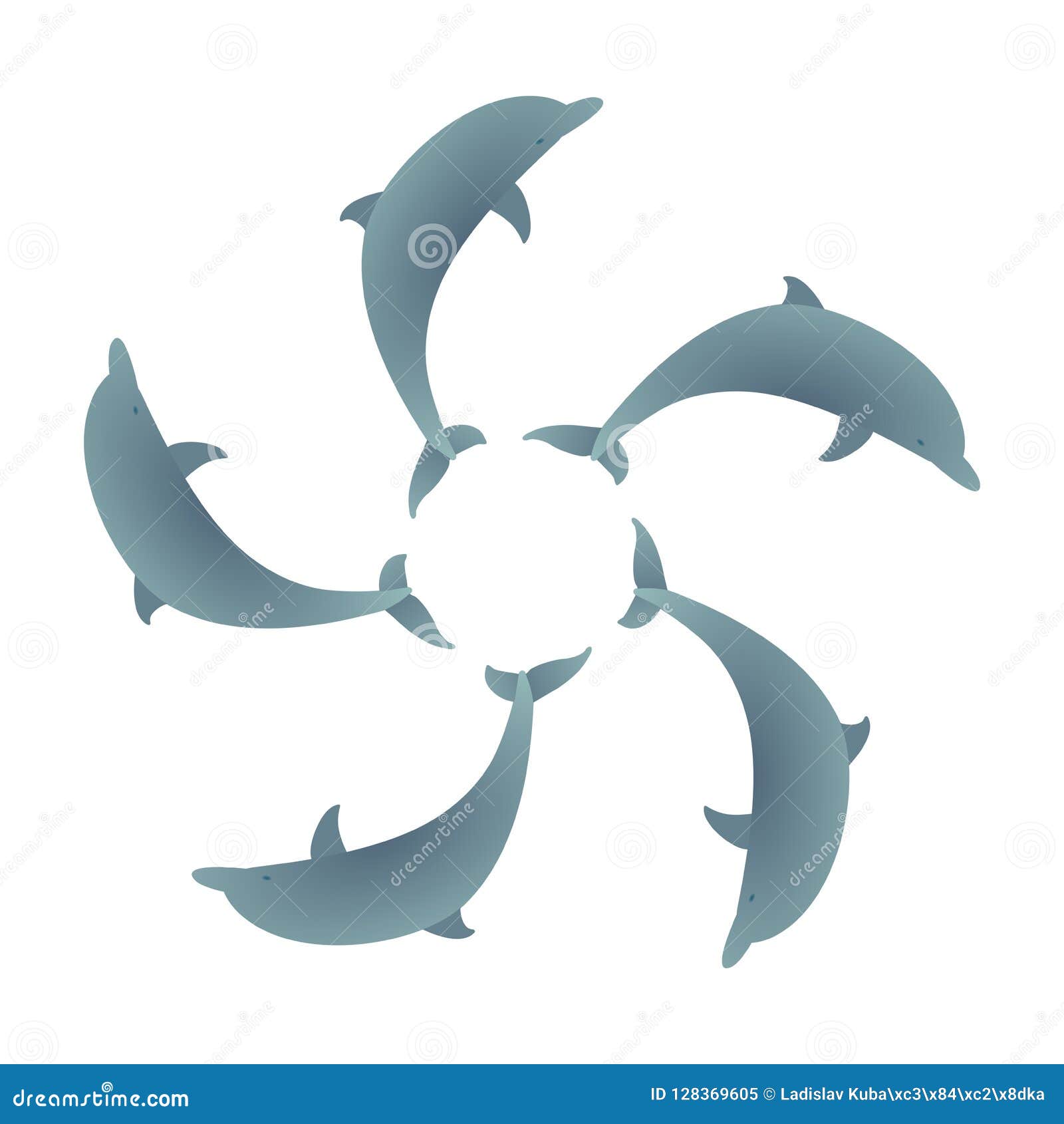 Five Blue Dolphins Jumping in the Ring Connected Tails on a White ...