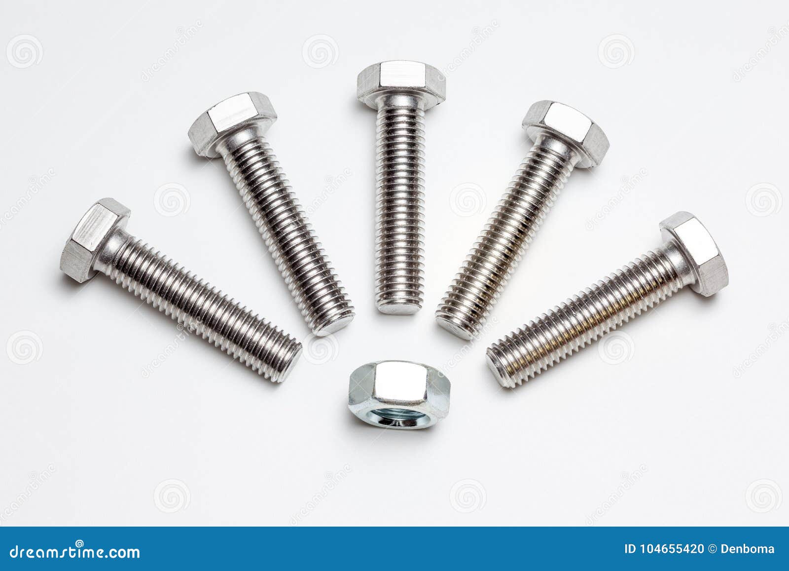 Five Lying Bolts and an Nut Stock Photo - Image of metal, design: 104655420
