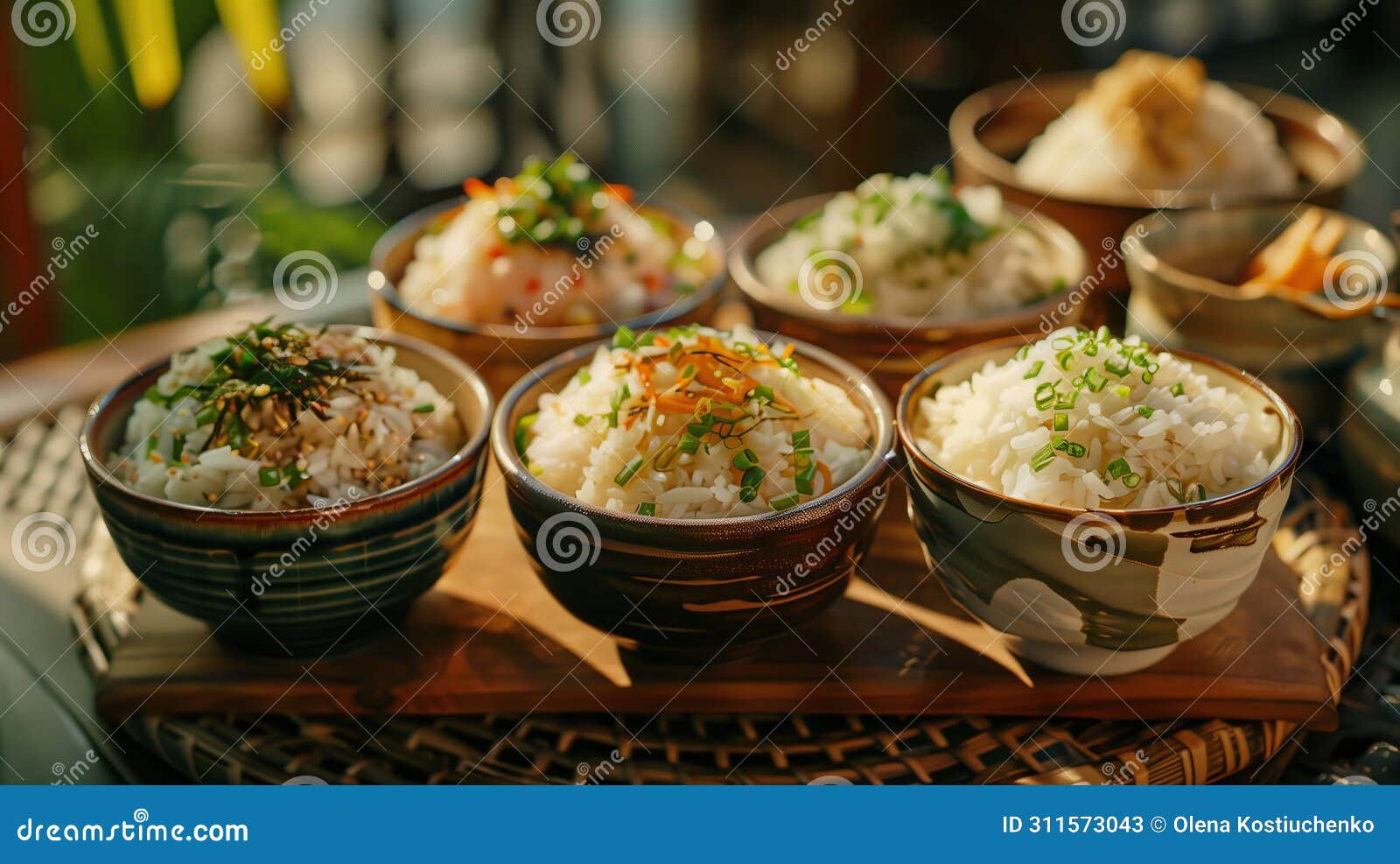 Five Bowls of Freshly Cooked Rice on the Table. Stock Illustration ...