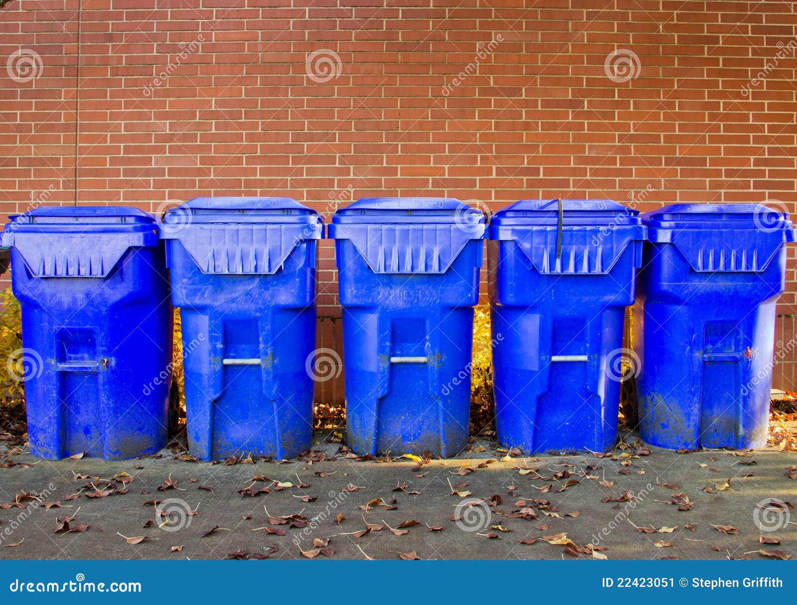 Five Bright Blue Recycle Bins Stock Image - Image of cans, pattern ...