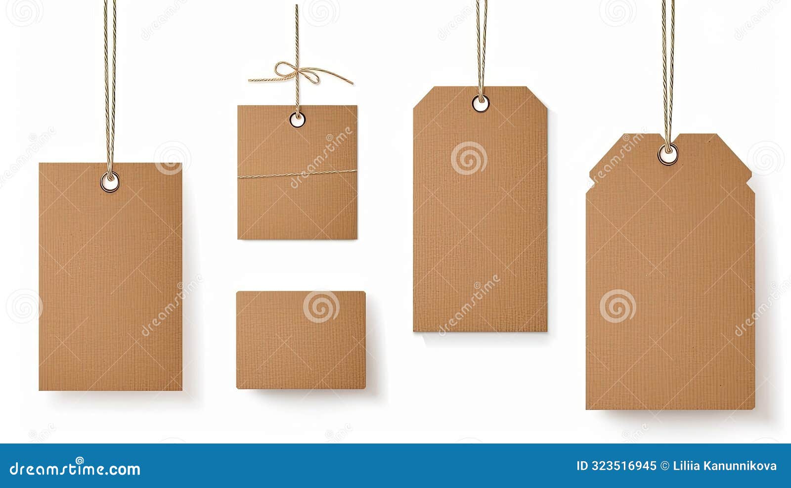 Five Brown Cardboard Tags with String Loops Hanging on a White ...