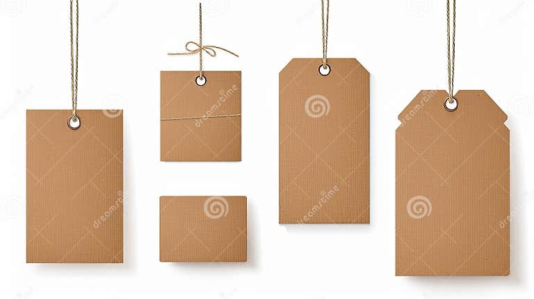Five Brown Cardboard Tags with String Loops Hanging on a White ...