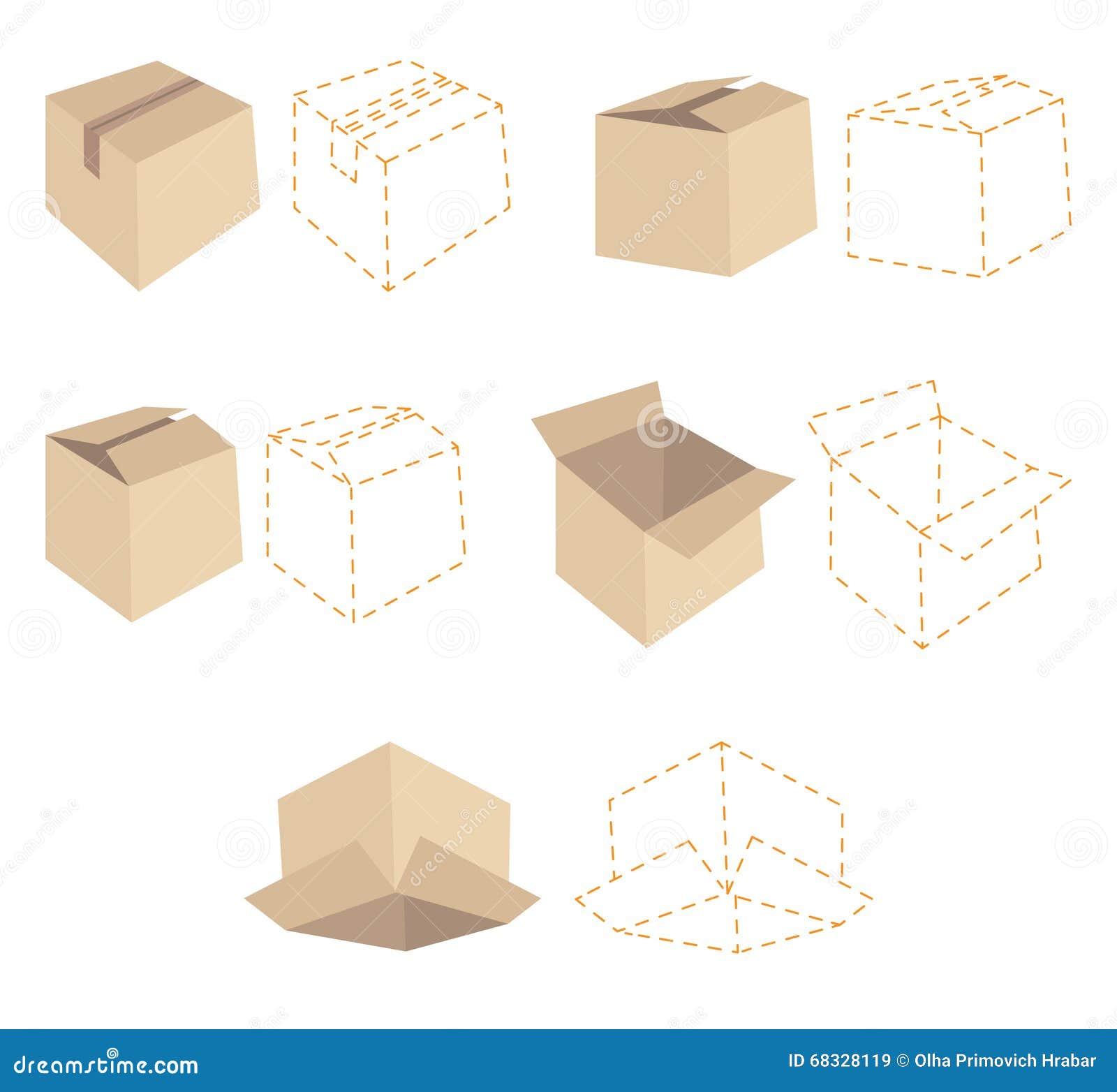Five Cardboard Boxes. Five Dotted Line Schemes of Boxes Stock Vector ...