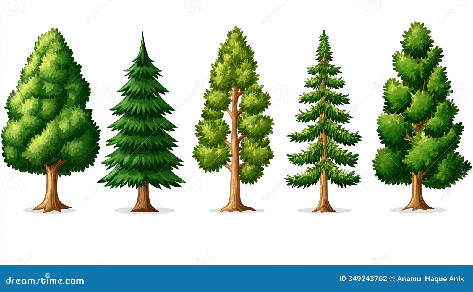 Five Cartoon Trees Isolated on a White Background Stock Illustration ...