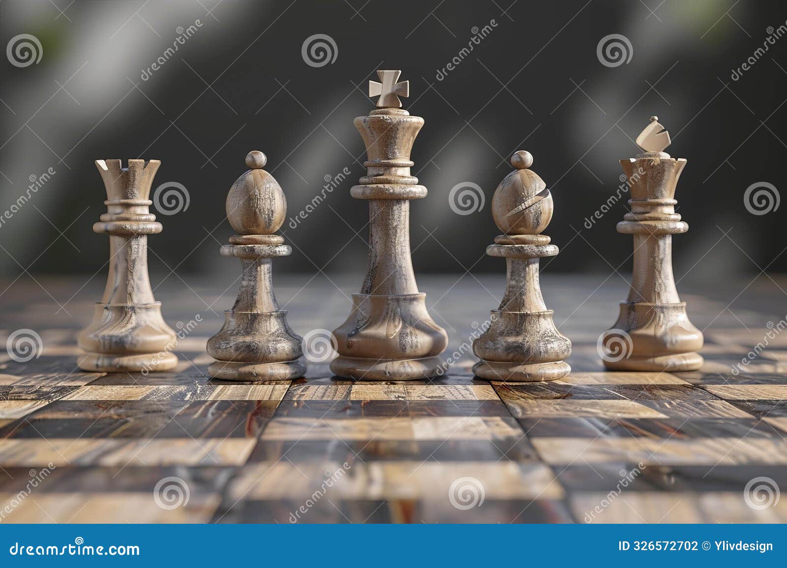 Five Chess Pieces Standing on a Rustic Chessboard Stock Photo - Image ...
