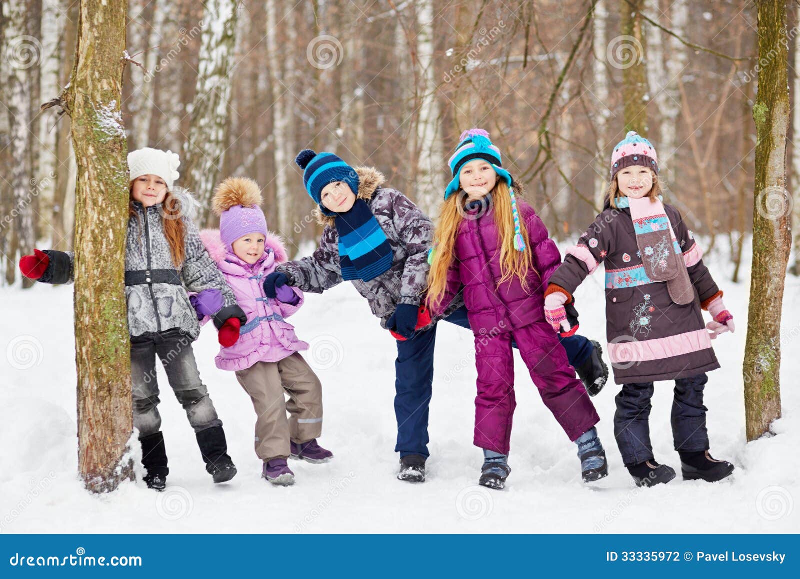 Five Children Play in Winter Park Stock Photo - Image of knitted ...