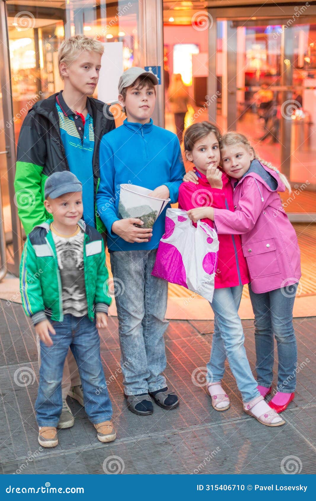 Five Children Stand in Front of the Stock Photo - Image of bucket ...