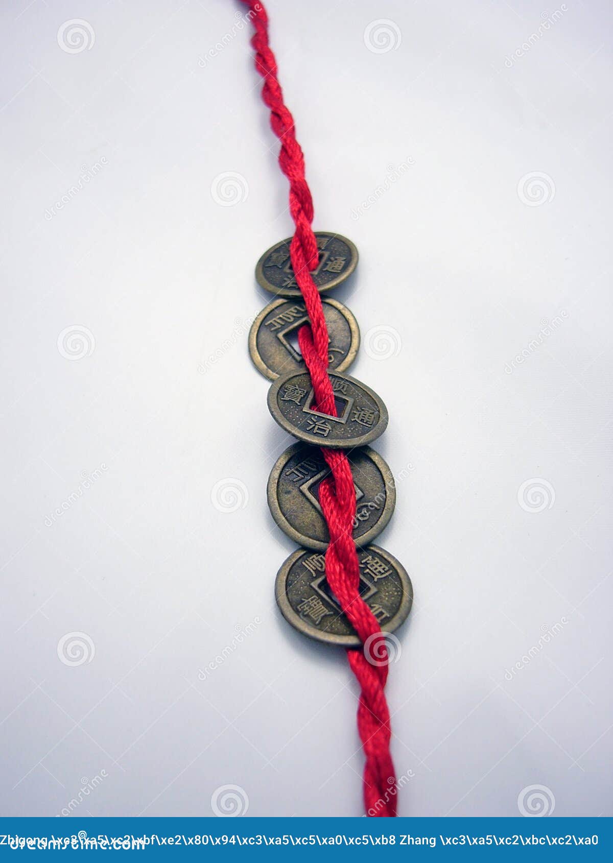 Five Chinese Ancient Coins Chained with a Red Cord Stock Image - Image ...