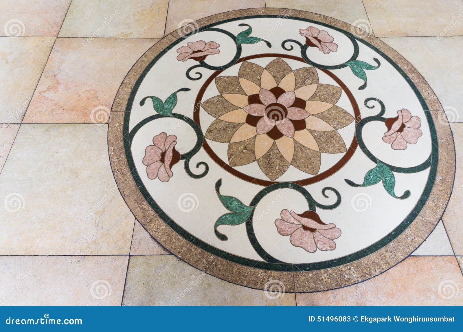 Five Circle Flowers on a Marble Floor with Round Frame Stock Image ...