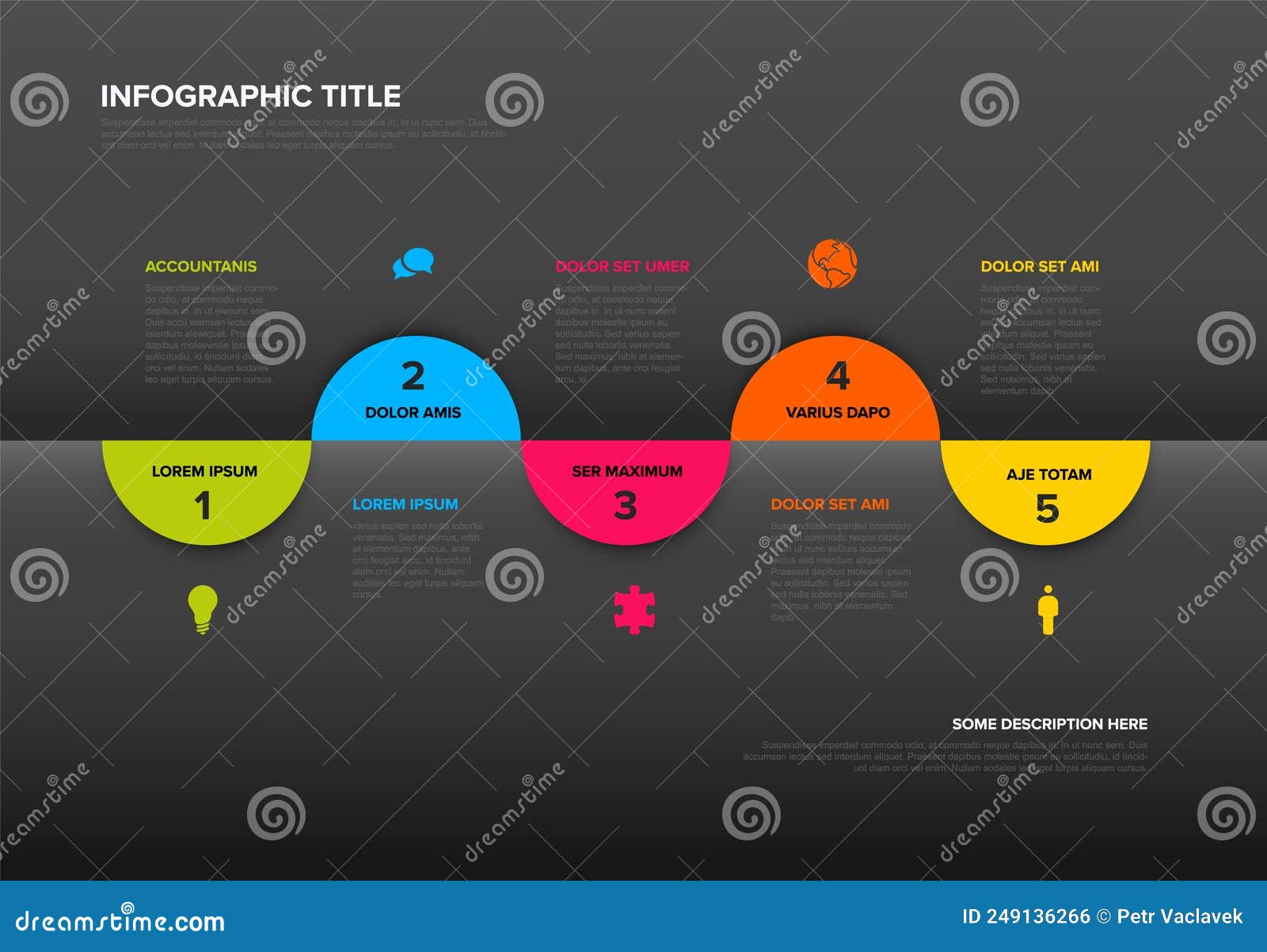 Five Circle Steps Elements Dark Template with Icons Stock Vector ...