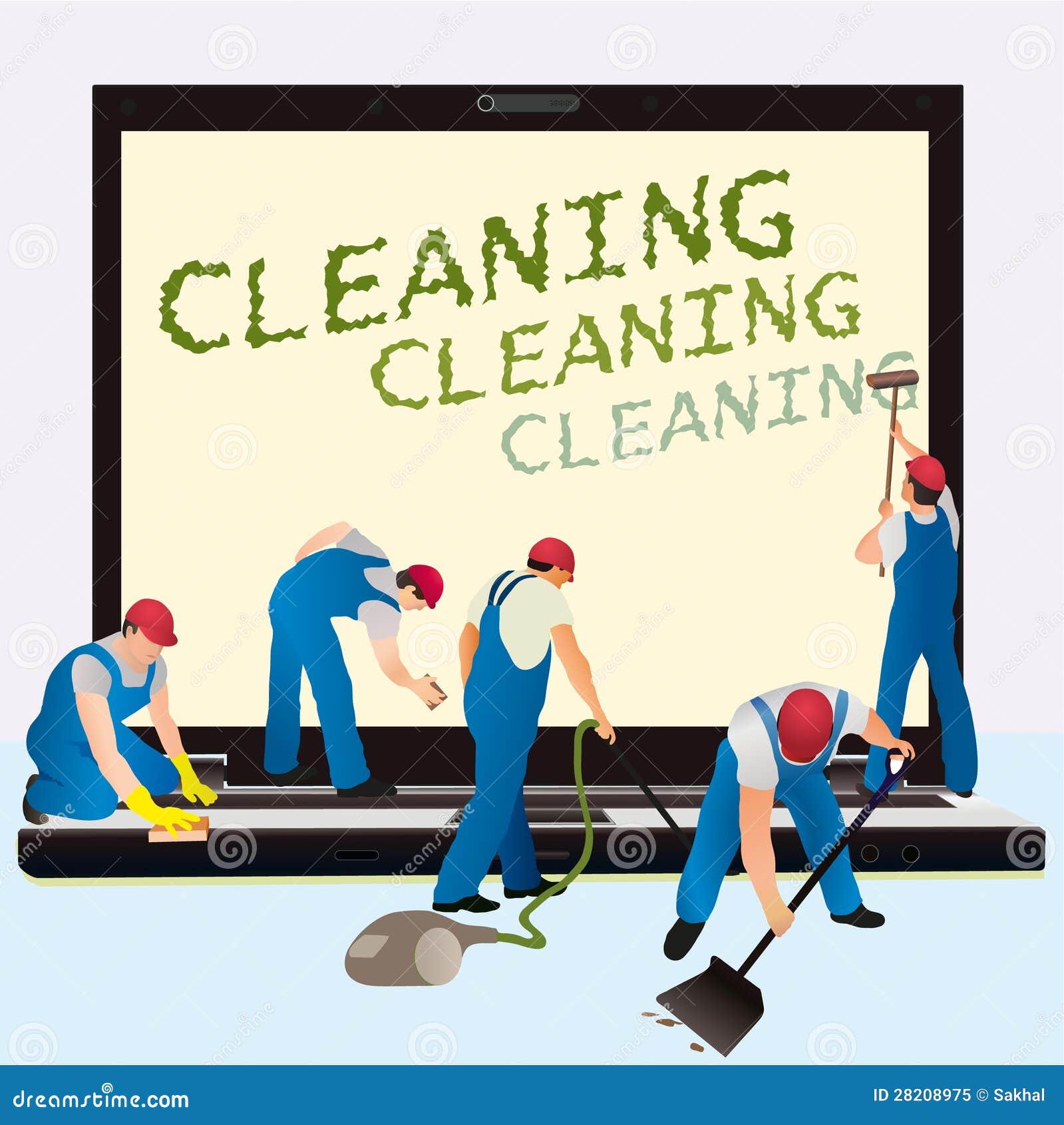 Five Cleaners with Big Notebook Dark Screen Stock Vector - Illustration ...