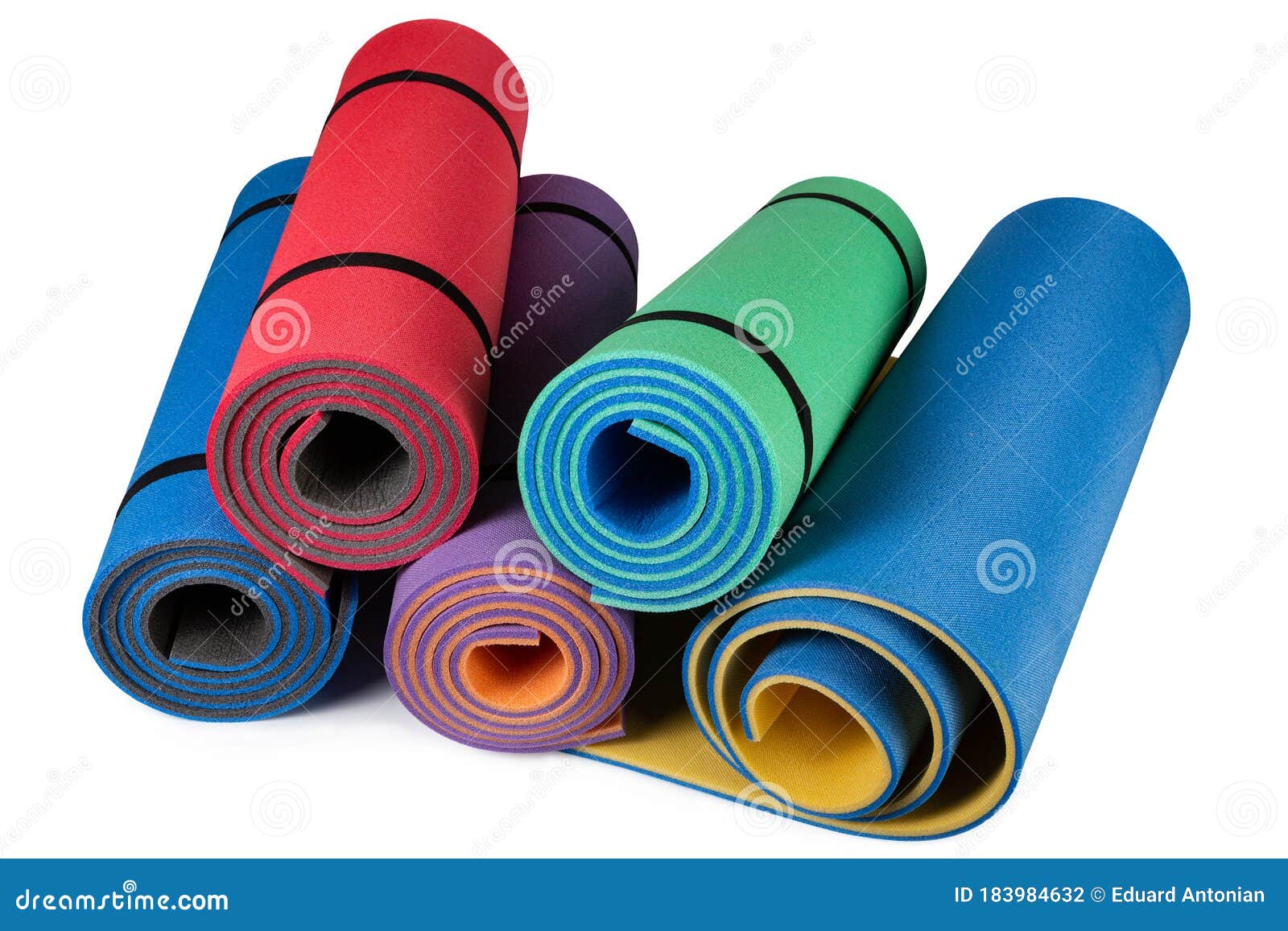 Five Colored Sport Mats in Rolls, on a White Background, Karemat Stock ...
