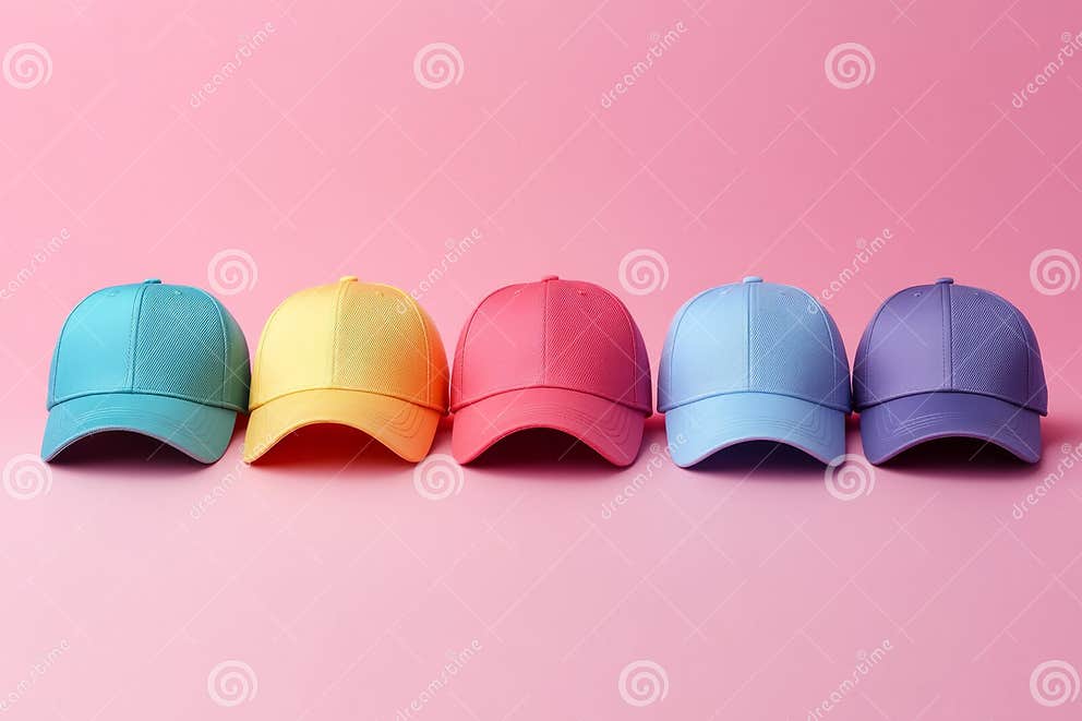 Five Colorful Baseball Caps are Arranged in a Row on a Pink Background ...