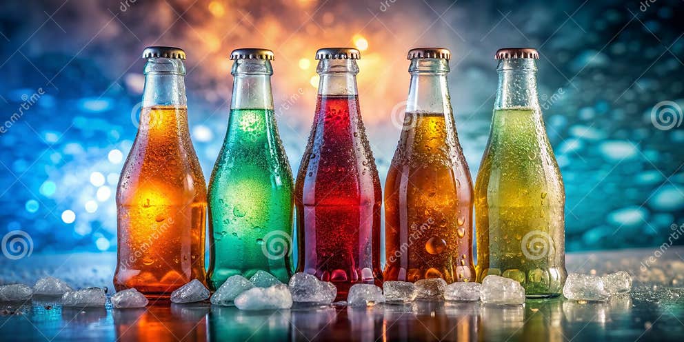 Five Colorful Bottles of Soda on Ice, Bottles, Soda, Ice, Refreshment ...