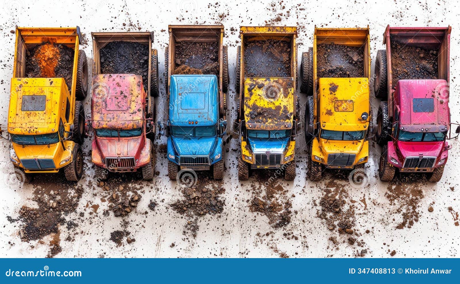 Five Colorful Dump Trucks Lined Up in a Row on a Muddy Surface Stock ...