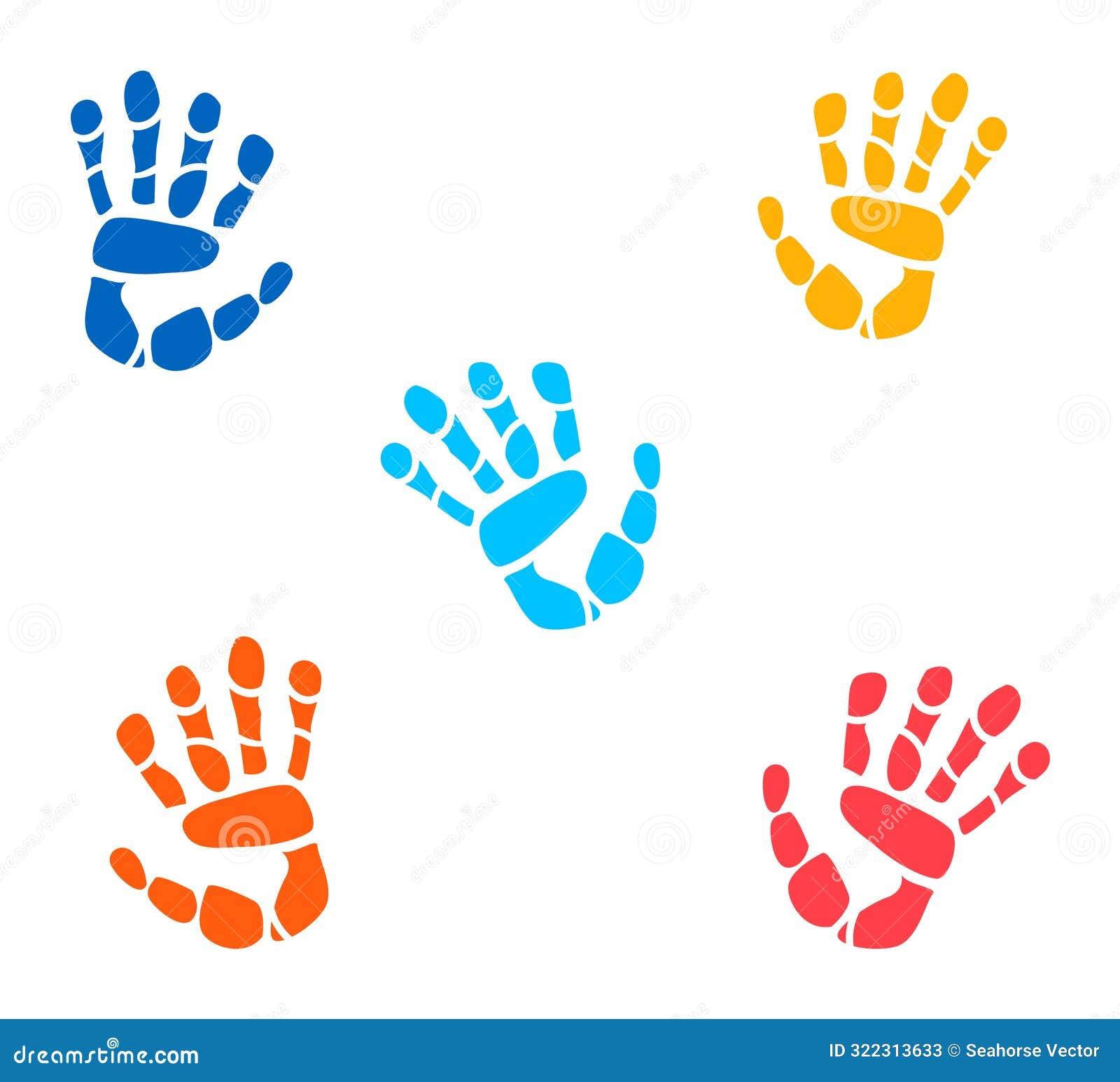 Five Colorful Handprint Illustrations, Arrayed Against White Background ...
