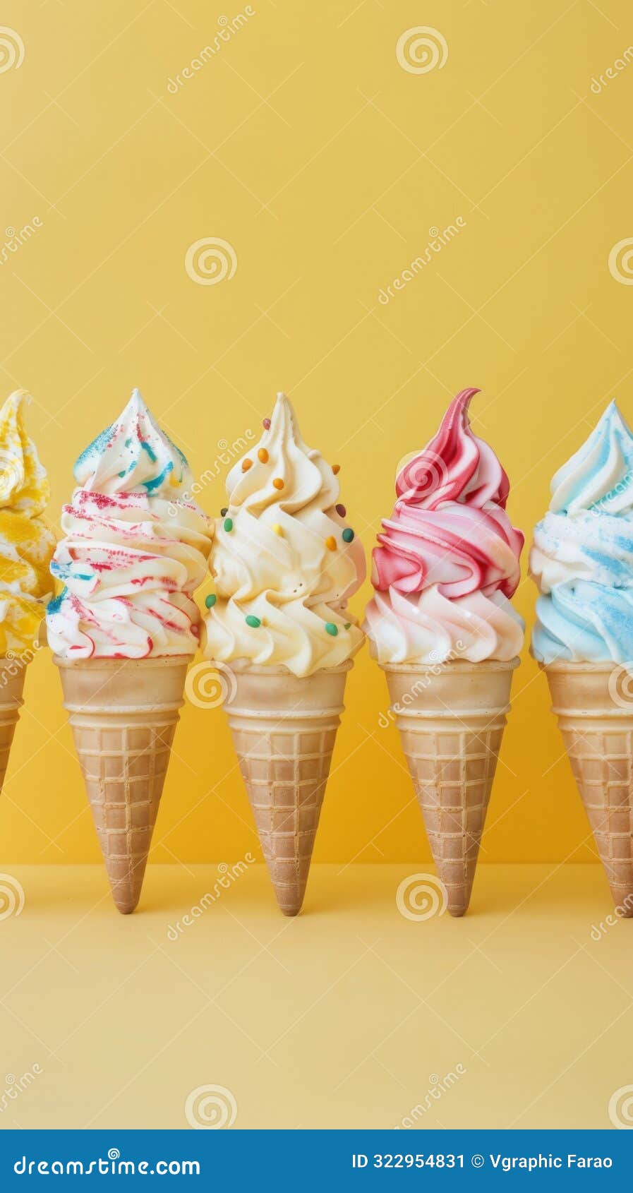 Five Colorful Ice Cream Cones with Different Toppings on Yellow ...