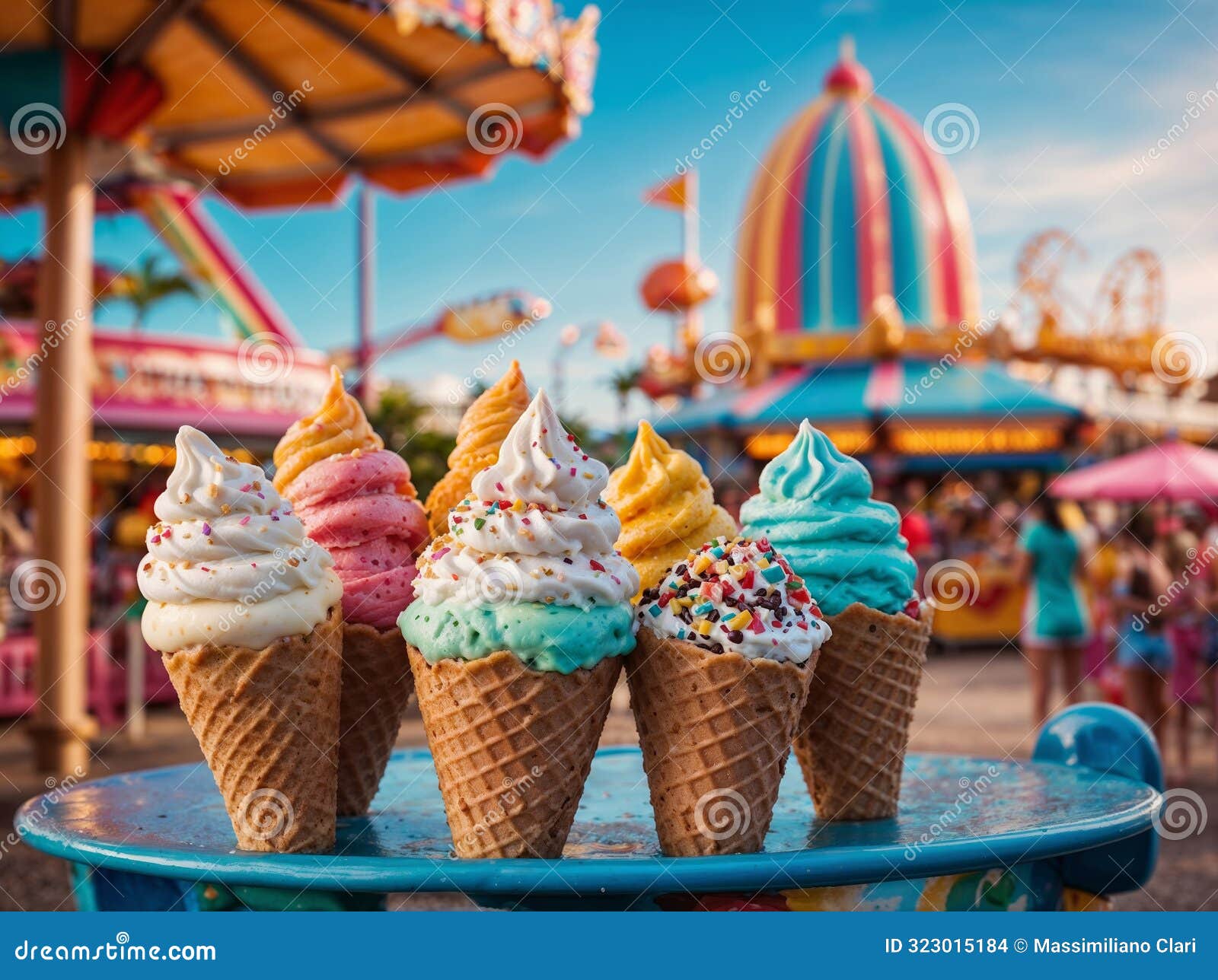Five Colorful Ice Cream Cones Standing on a Table with a Carousel in ...